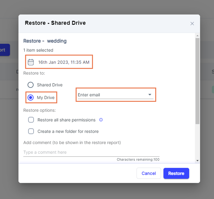 How can I restore deleted shared drive data to a user's My Drive using the SysCloud backup ...